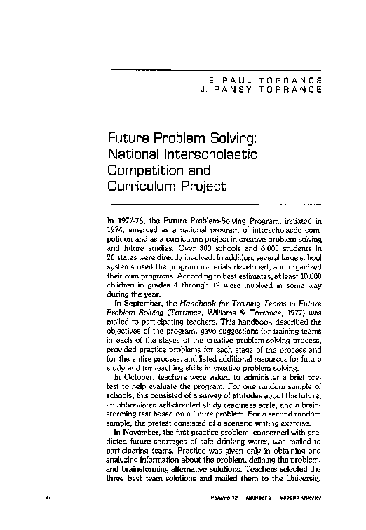 (PDF) Future Problem Solving: National Interscholastic Competition and Curriculum Project