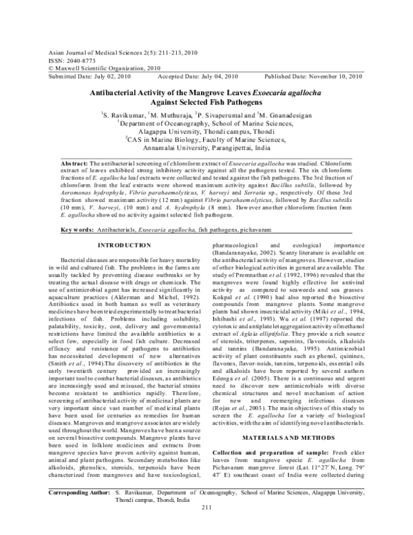 (PDF) Antibacterial Activity of the Mangrove Leaves Exoecaria agallocha Against Selected Fish ...