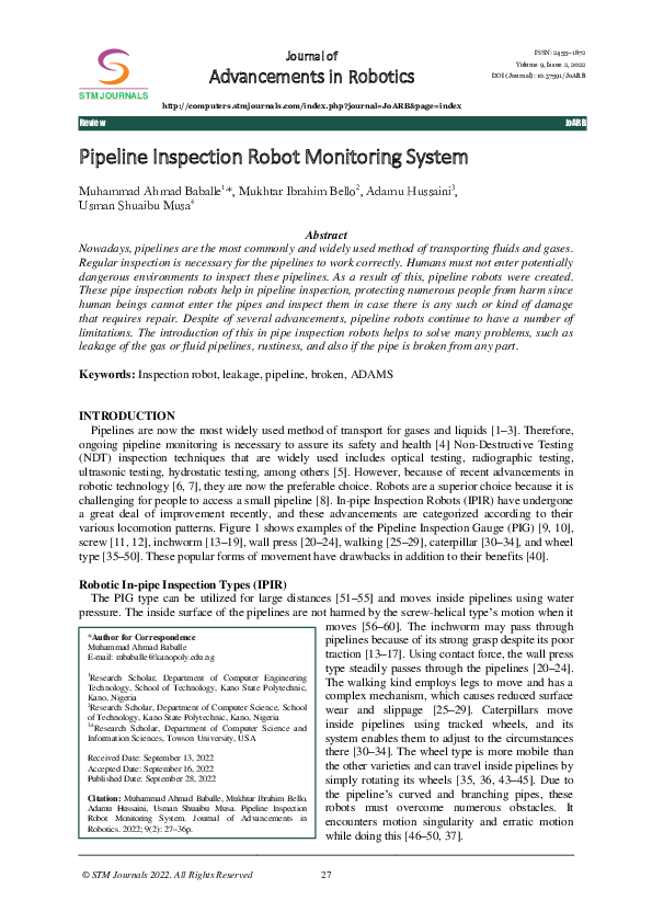 (PDF) Pipeline Inspection Robot Monitoring System