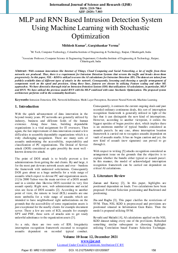 (PDF) MLP and RNN Based Intrusion Detection System Using Machine Learning with Stochastic ...