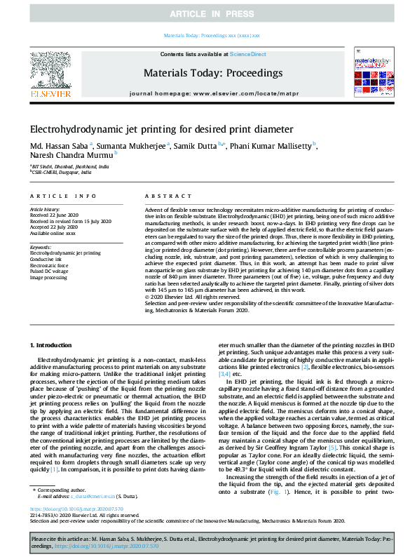 (PDF) Electrohydrodynamic jet printing for desired print diameter