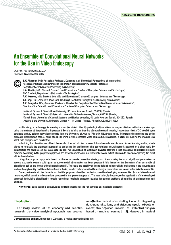 (PDF) An Ensemble of Convolutional Neural Networks for the Use in Video Endoscopy