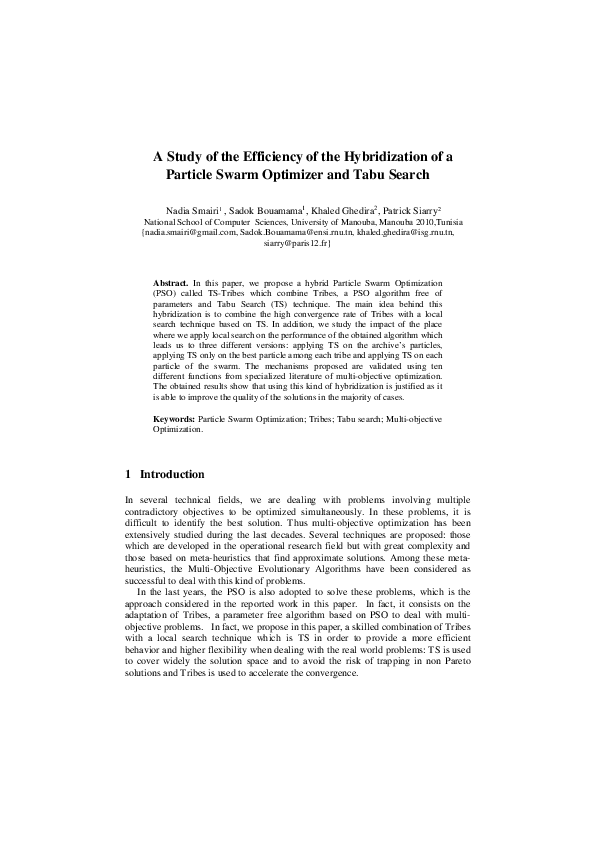 (PDF) A Study of the Efficiency of the Hybridization of a Particle Swarm Optimizer and Tabu Search