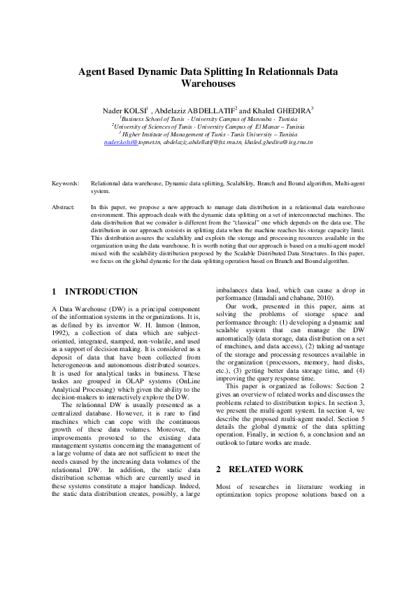 (PDF) Agent Based Dynamic Data Splitting In Relationnals Data Warehouses | Khaled Ghedira ...