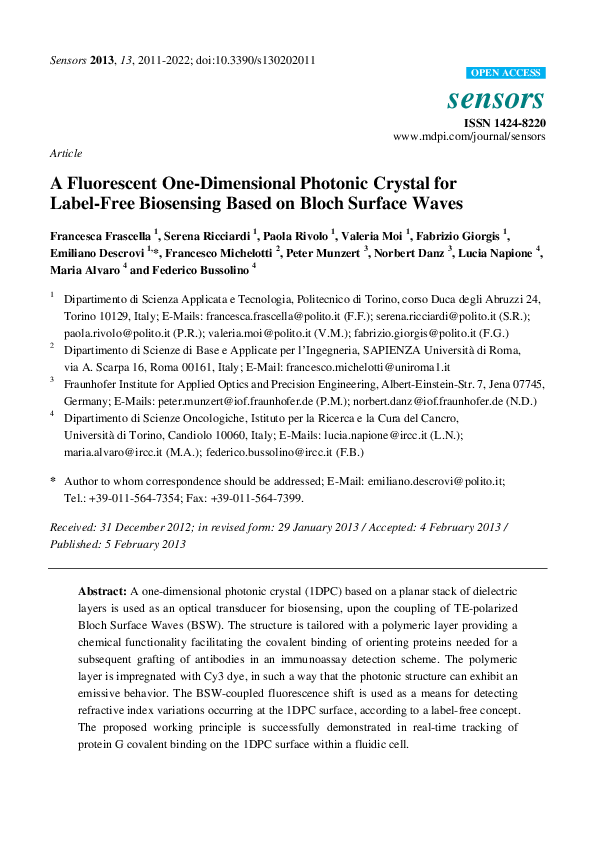 (PDF) A Fluorescent One-Dimensional Photonic Crystal for Label-Free Biosensing Based on Bloch ...