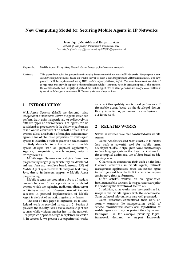 (PDF) New Computing Model for Securing Mobile Agents in IP Networks