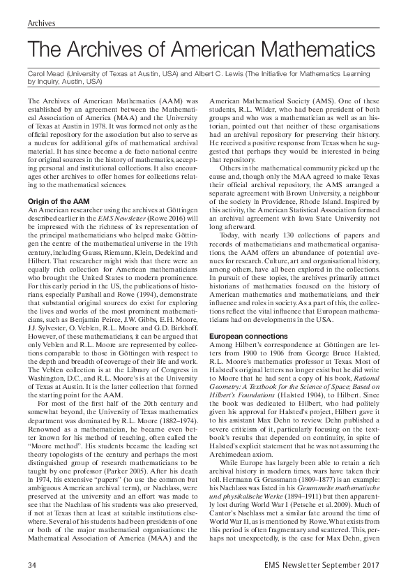 (PDF) The Archives of American Mathematics