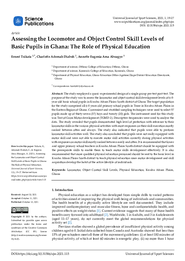 (PDF) Assessing the Locomotor and Object Control Skill Levels of Basic ...