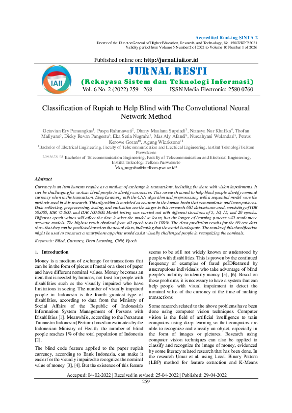 (PDF) Classification of Rupiah to Help Blind with The Convolutional Neural Network Method