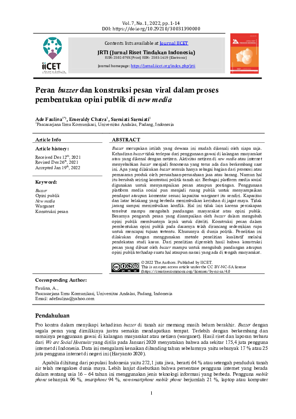 (PDF) Peran buzzer dan konstruksi pesan viral dalam proses pembentukan opini publik di new media