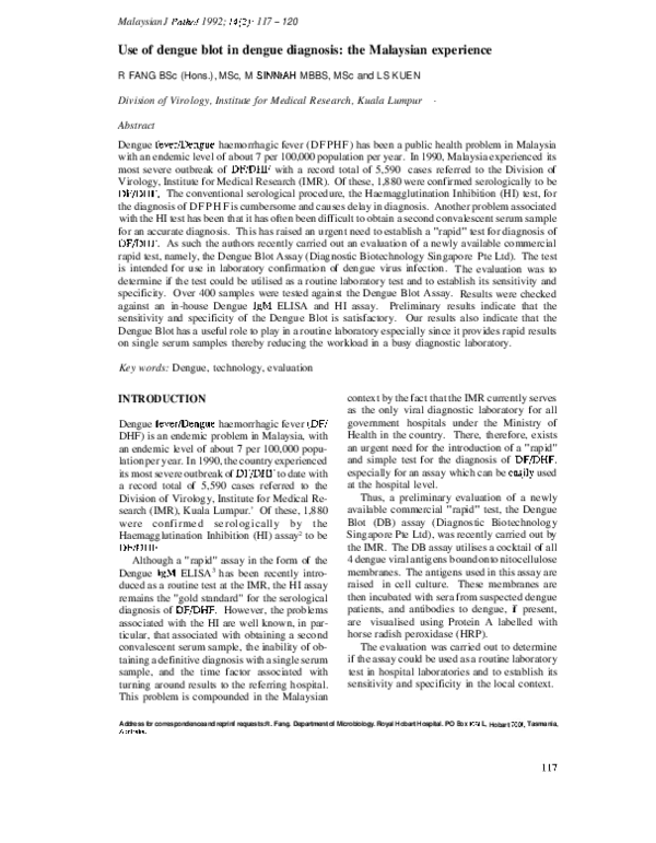 Pdf Use Of Dengue Blot In Dengue Diagnosis The Malaysian Experience M Sinniah