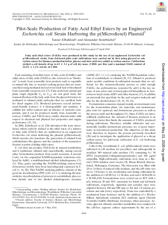 (PDF) Pilot-Scale Production of Fatty Acid Ethyl Esters by an ...