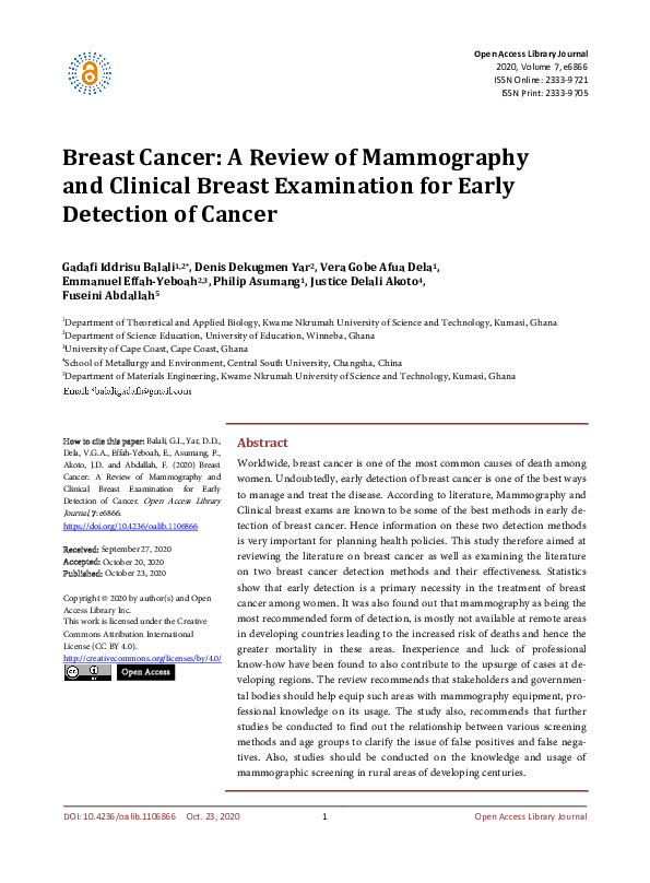 Pdf Breast Cancer A Review Of Mammography And Clinical Breast