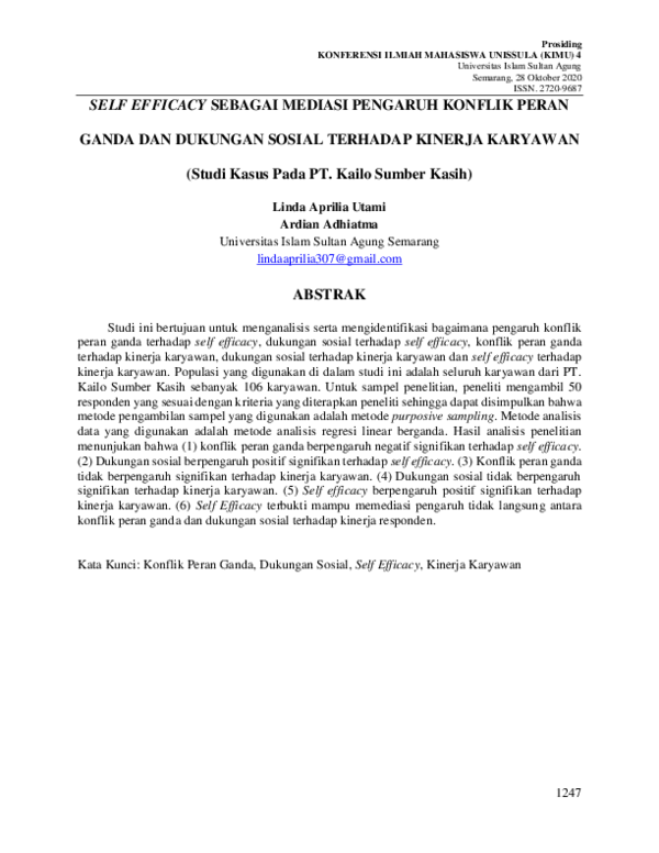 (PDF) SELF EFFICACY SEBAGAI MEDIASI PENGARUH KONFLIK PERAN GANDA DAN DUKUNGAN SOSIAL TERHADAP ...