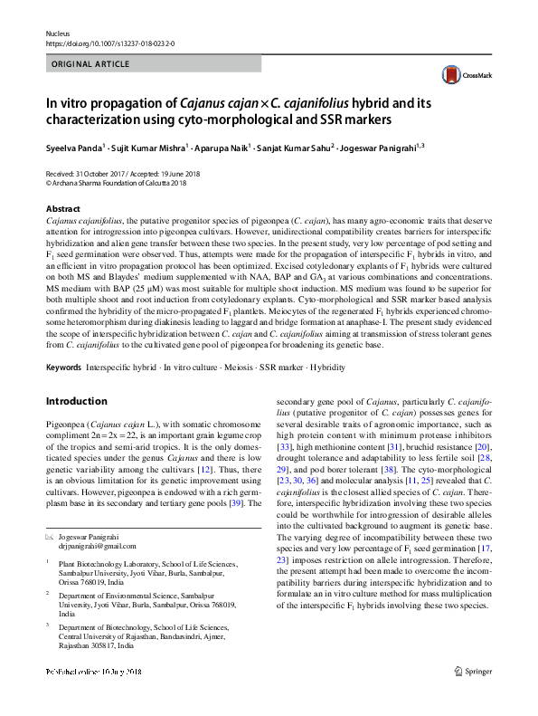 (PDF) In vitro propagation of Cajanus cajan × C. cajanifolius hybrid and its characterization ...
