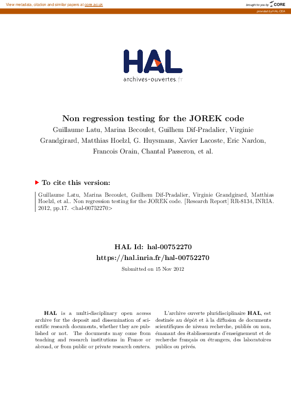 (PDF) Non regression testing for the JOREK code