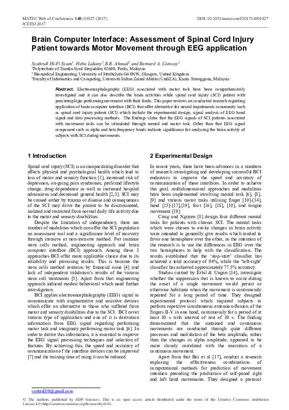 (PDF) Brain Computer Interface: Assessment of Spinal Cord Injury Patient towards Motor Movement ...
