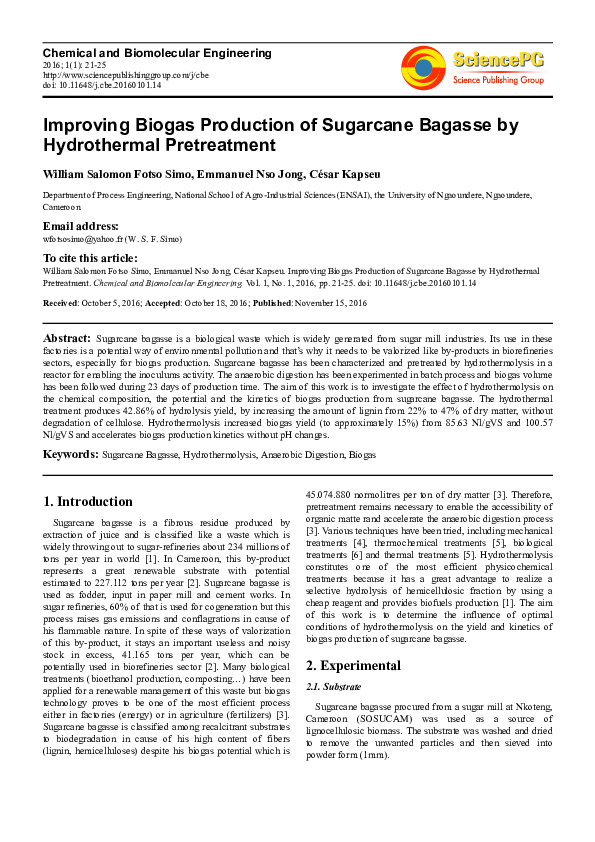 (PDF) Improving Biogas Production of Sugarcane Bagasse by Hydrothermal Pretreatment