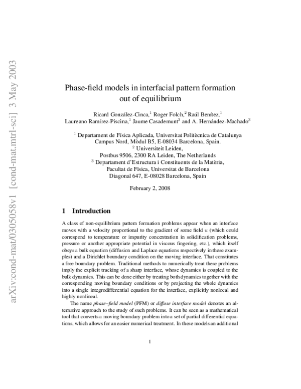 (PDF) Phase-field models in interfacial pattern formation out of equilibrium