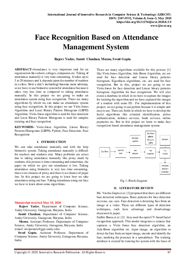 (PDF) Face Recognition Based on Attendance Management System