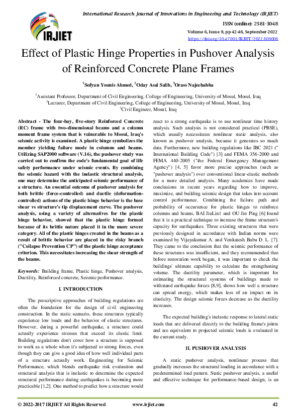 Pdf Effect Of Plastic Hinge Properties In Pushover Analysis Of Reinforced Concrete Plane Frames