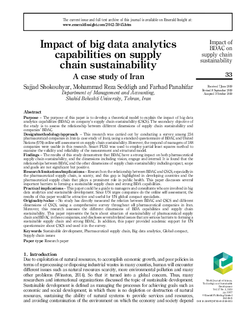 (PDF) Impact of big data analytics capabilities on supply chain sustainability A case study of Iran