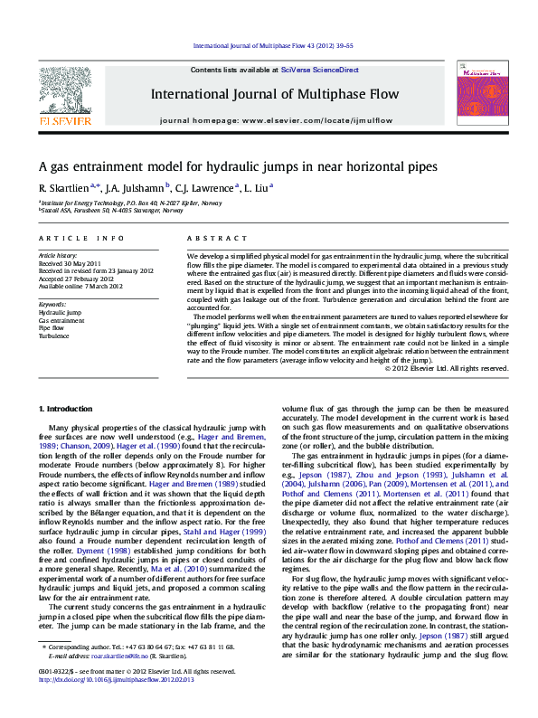 (PDF) A gas entrainment model for hydraulic jumps in near horizontal pipes