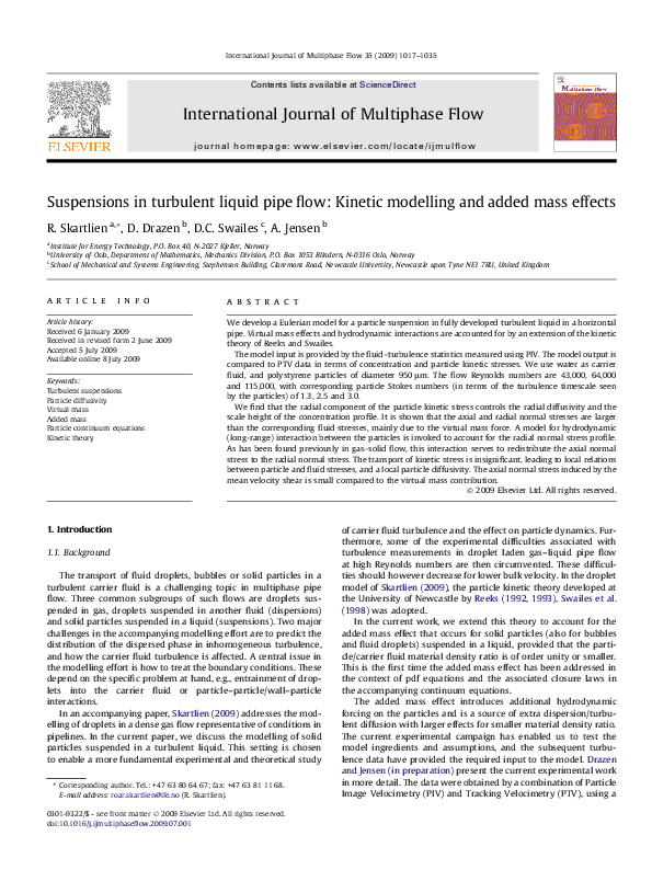 (PDF) Suspensions in turbulent liquid pipe flow: Kinetic modelling and added mass effects