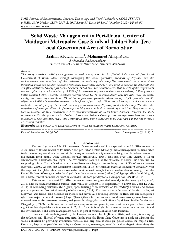 (PDF) Solid Waste Management in Peri-Urban Center of Maiduguri Metropolis; Case Study of Jiddari ...