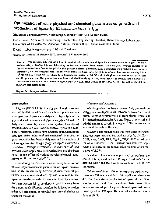 (PDF) Optimization of some physical and chemical parameters on growth and production of lipase ...