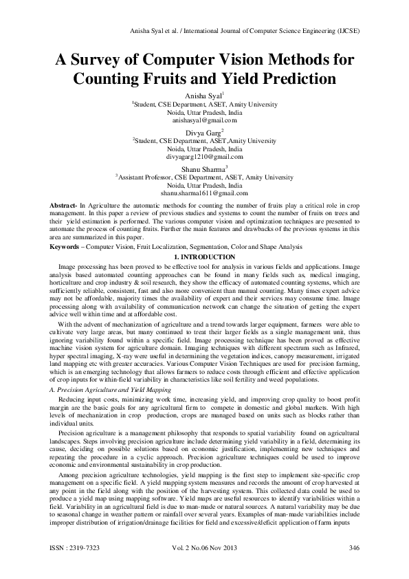 (PDF) A Survey of Computer Vision Methods for Counting Fruits and Yield Prediction
