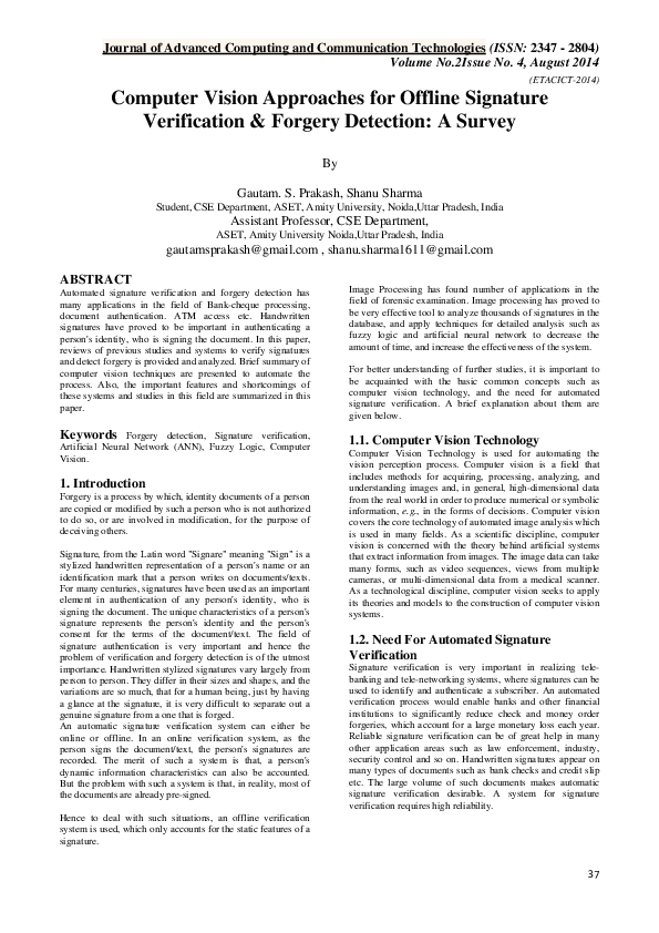 (PDF) Computer Vision Approaches for Offline Signature Verification & Forgery Detection : A Survey