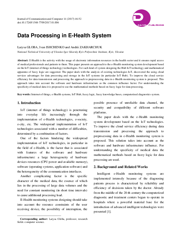 (PDF) Data Processing in E-Health System | Лариса Глоба - Academia.edu