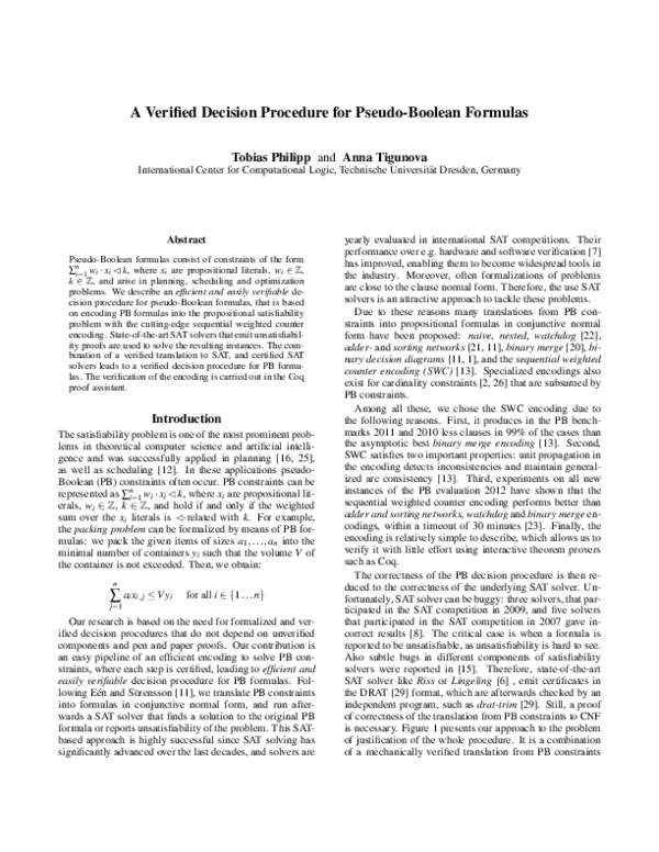 Pdf A Verified Decision Procedure For Pseudo Boolean Formulas Tobias Philipp