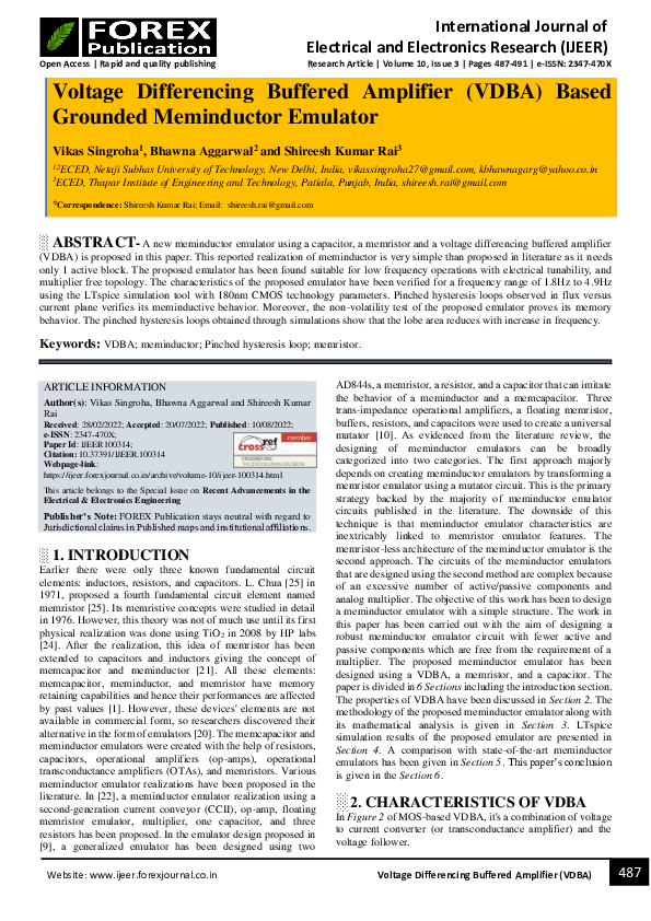 (PDF) Voltage Differencing Buffered Amplifier (VDBA) Based Grounded ...