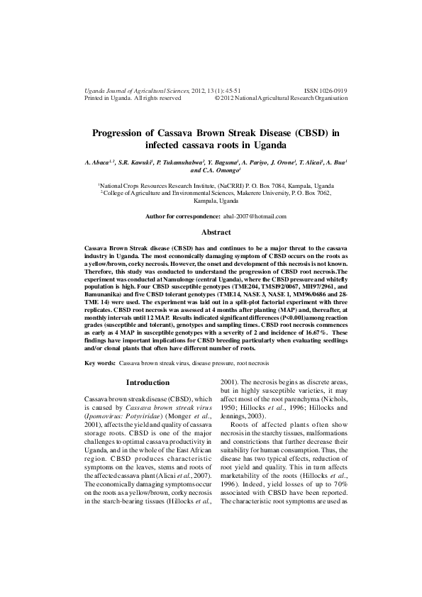 (PDF) Progression of Cassava Brown Streak Disease (CBSD) in infected cassava roots in Uganda