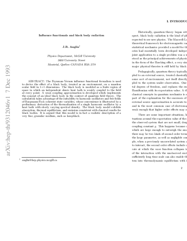 (PDF) Influence functionals and black body radiation | James Anglin ...