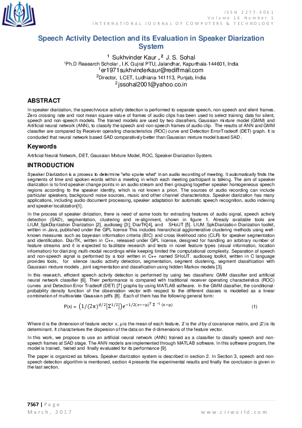 Pdf Speech Activity Detection And Its Evaluation In Speaker Diarization System