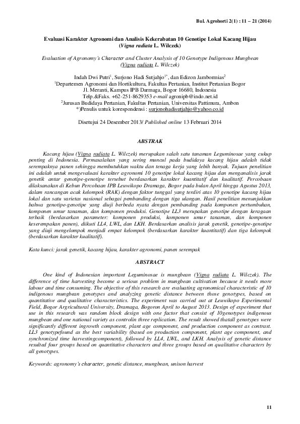 (PDF) Evaluasi Karakter Agronomi dan Analisis Kekerabatan 10 Genotipe ...