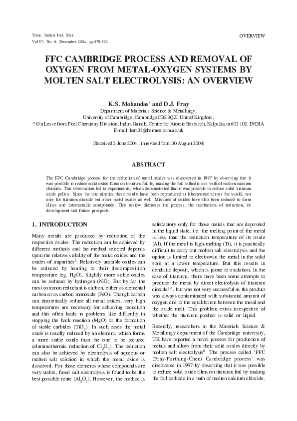 (PDF) FFC Cambridge process and removal of oxygen from metal-oxygen ...