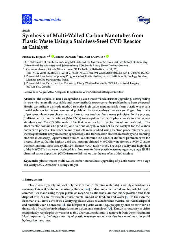 (PDF) Synthesis of Multi-Walled Carbon Nanotubes from Plastic Waste ...