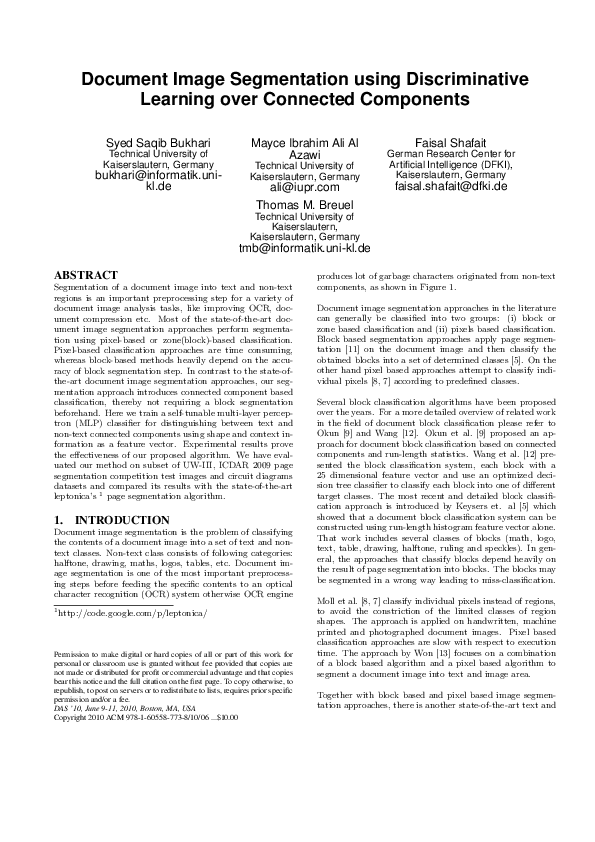 (PDF) Document image segmentation using discriminative learning over connected components | Syed ...