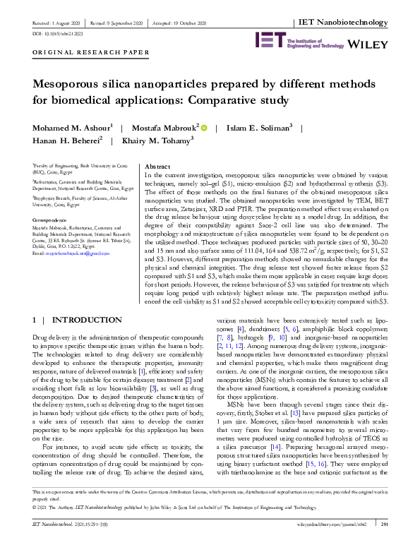(PDF) Mesoporous silica nanoparticles prepared by different methods for biomedical applications ...