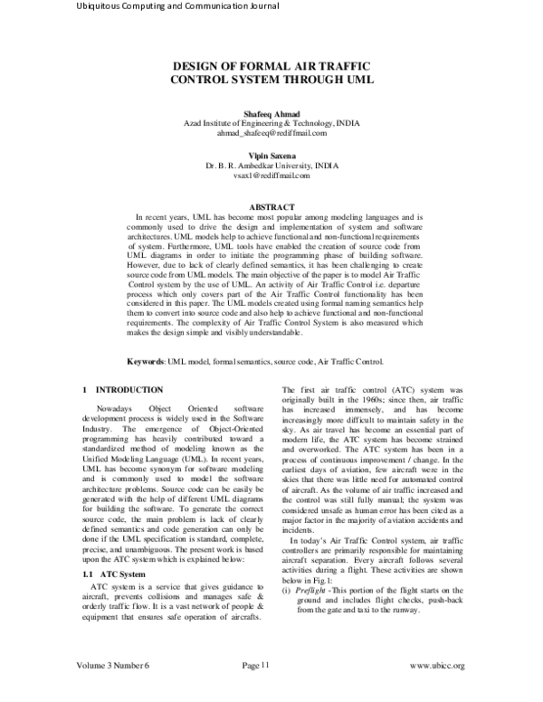 (PDF) Design of Formal Air Traffic Control System Through Uml