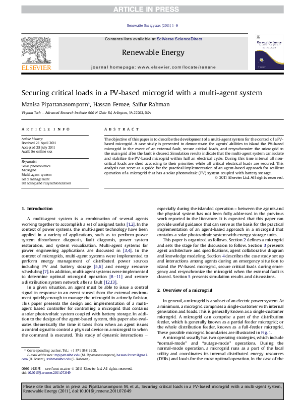 (PDF) Multi-Agent System for Securing PV Microgrid Loads