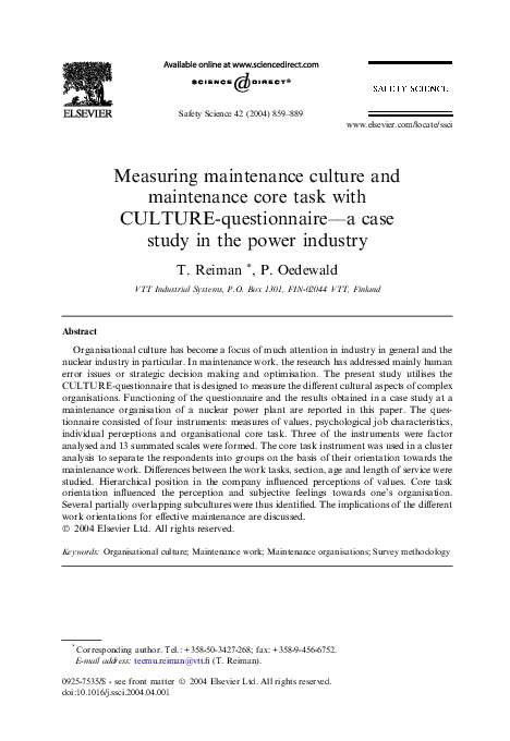 (PDF) Measuring maintenance culture and maintenance core task with CULTURE-questionnaire––a case ...