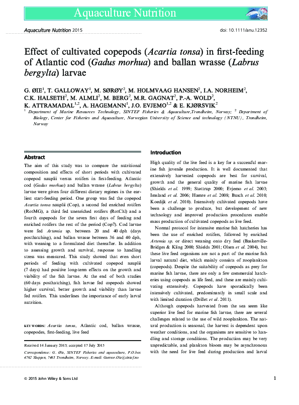 (PDF) Effect of cultivated copepods (Acartia tonsa) in first-feeding of ...