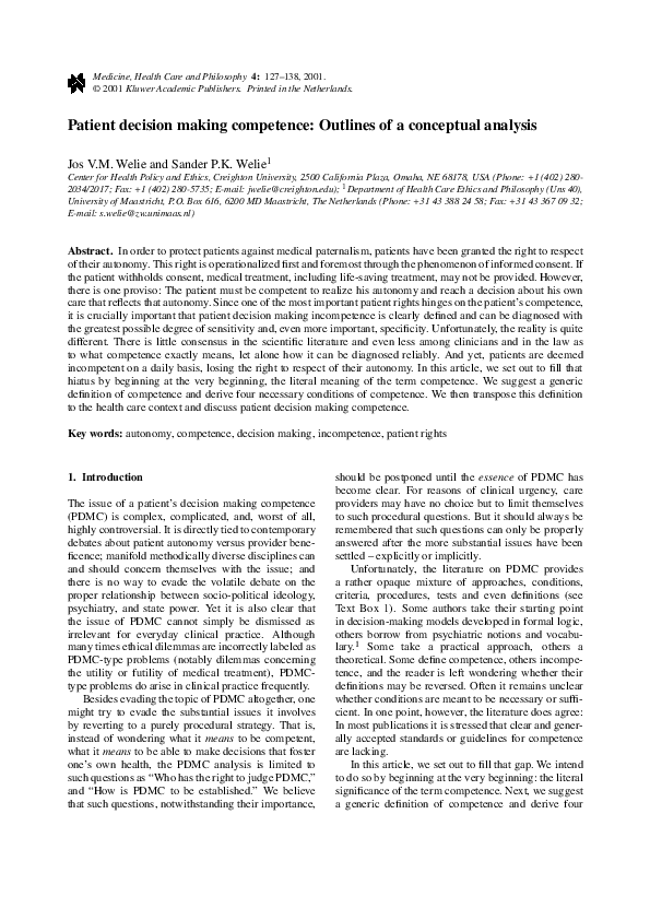 (PDF) Patient decision making competence: Outlines of a conceptual analysis