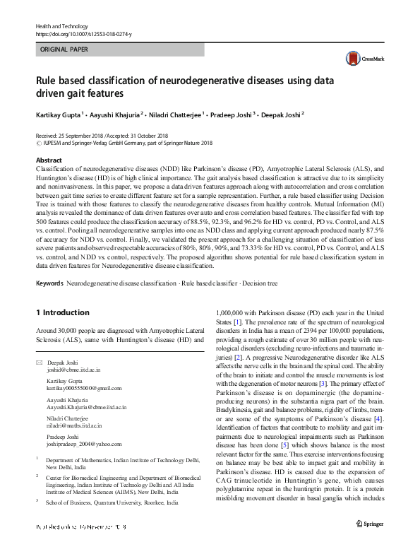 (PDF) Rule based classification of neurodegenerative diseases using data driven gait features