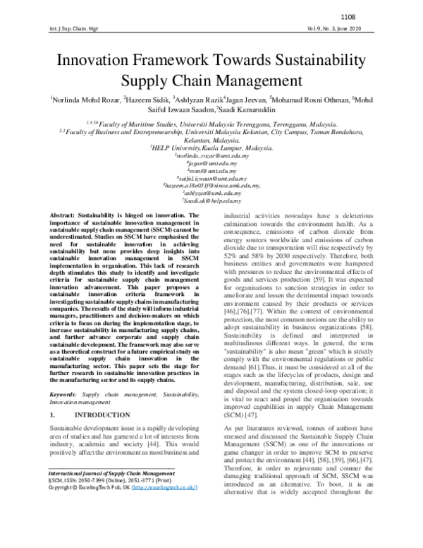 (PDF) Innovation Framework Towards Sustainability Supply Chain Management